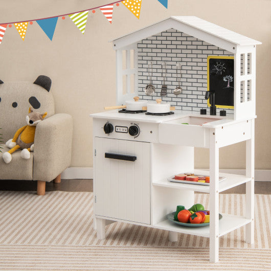 Kids Wooden Kitchen Play Set with Storage Shelves and Accessories-Whit